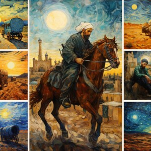 Arabian Van Gogh Painting Watercolor Digital Paper, Digital Art, Moon ...