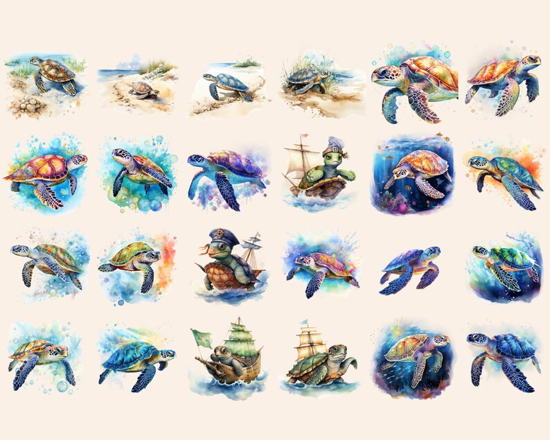 Sea Turtle Watercolor Clipart Bundle, Colorful Turtle, Nautical Clipart ...