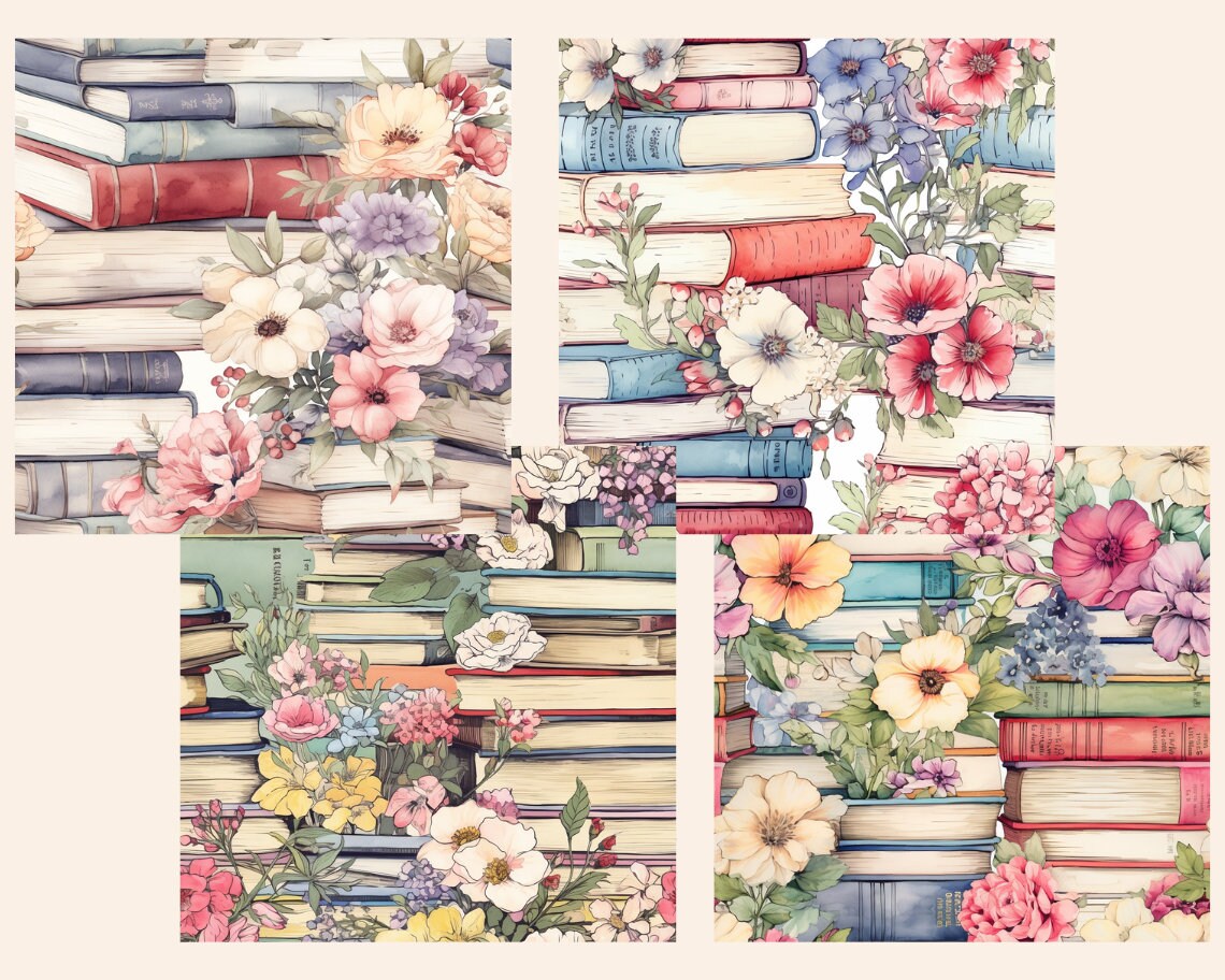 Floral Books Digital Paper, Seamless Pattern, Flower Books, Retro ...
