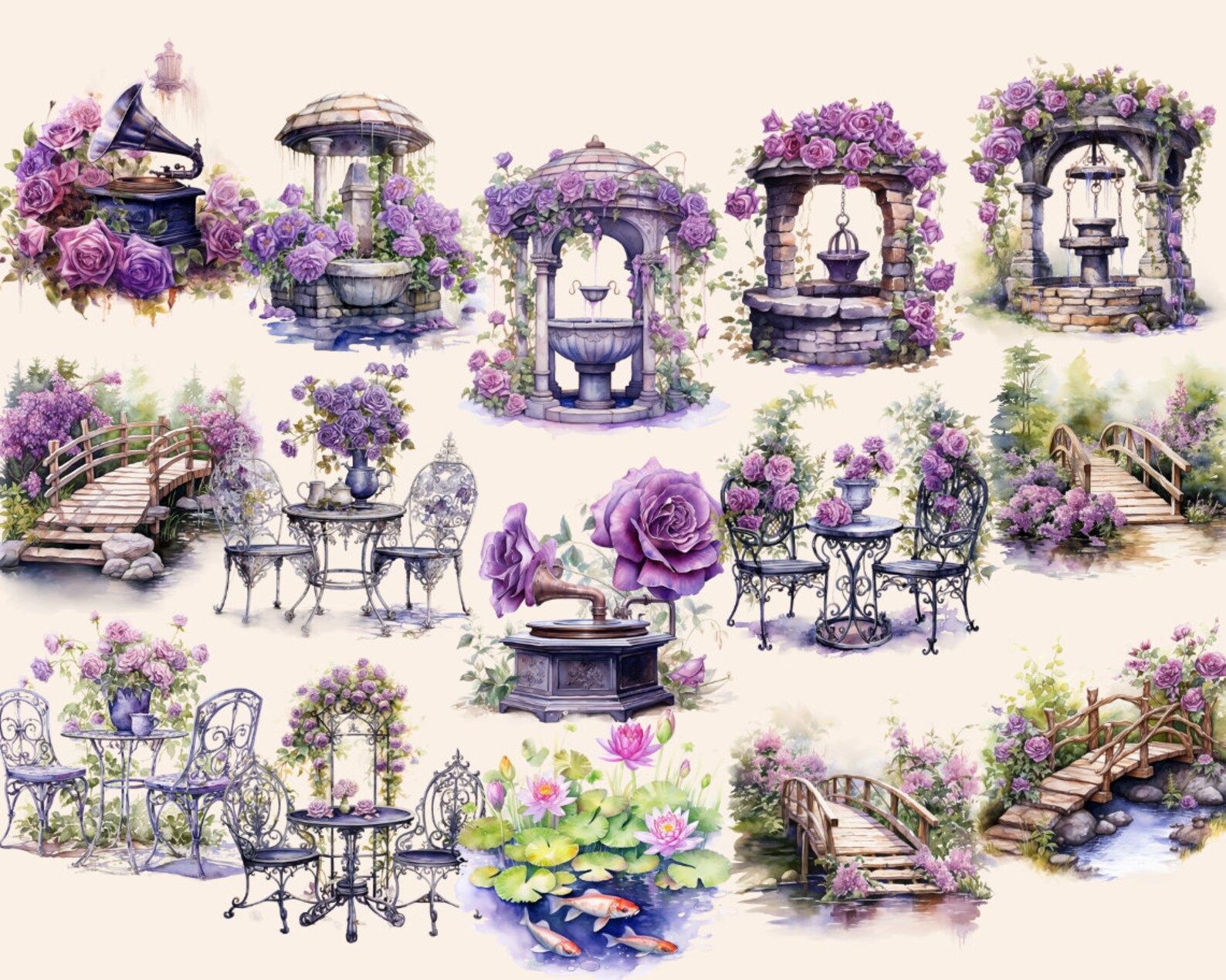 Purple Rose Garden Watercolor Clipart ,flower Garden, Floral Clipart ...