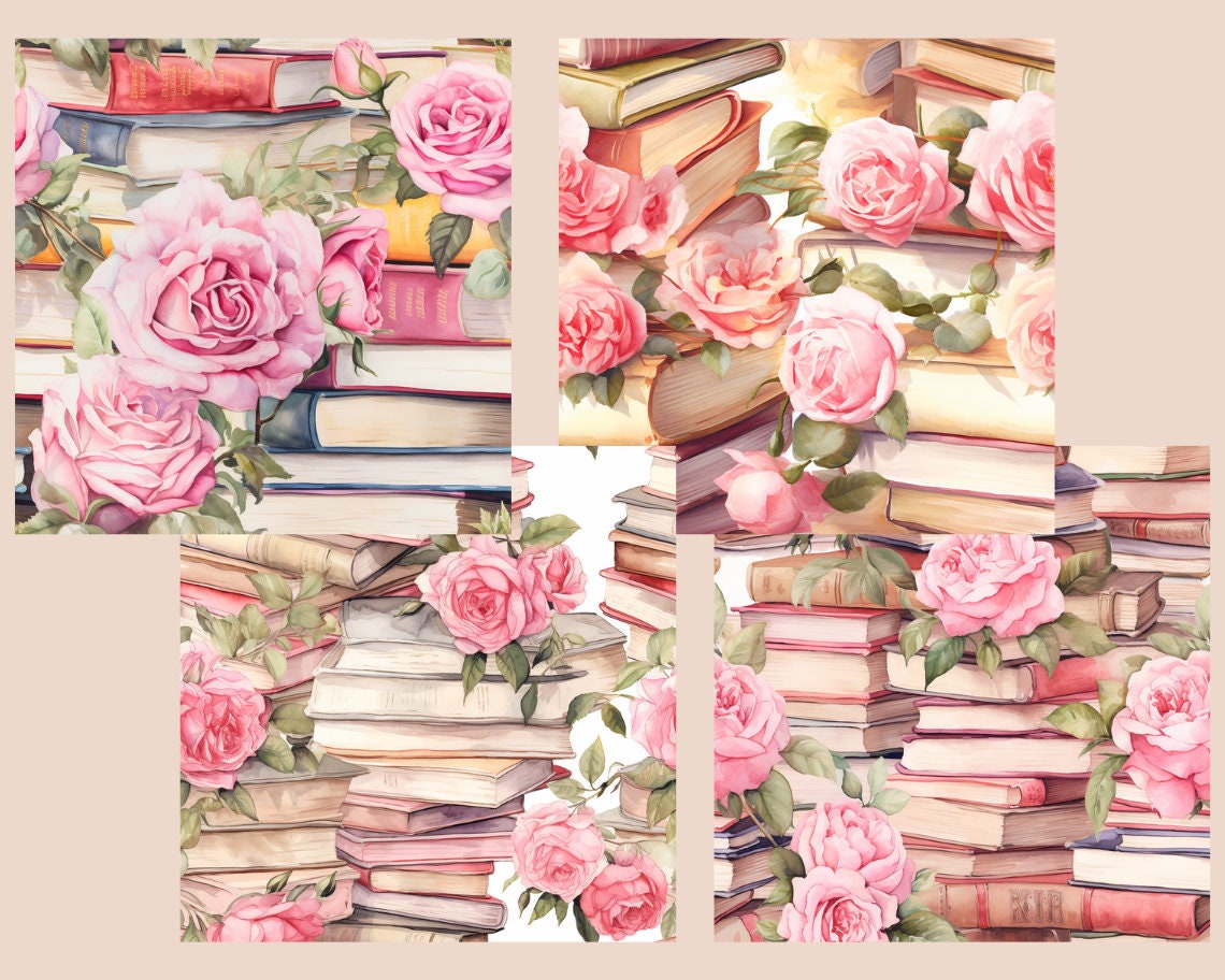 Pink Rose Books Digital Paper, Seamless Pattern, Floral Books, Retro ...