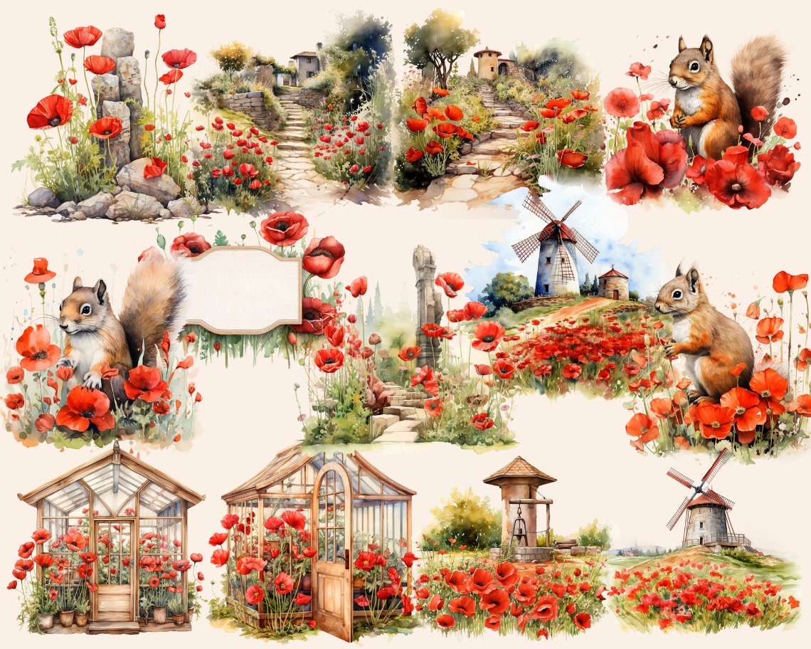 Poppy Garden Watercolor Clipart Bundle, Poppy Flowers Images, Flower ...