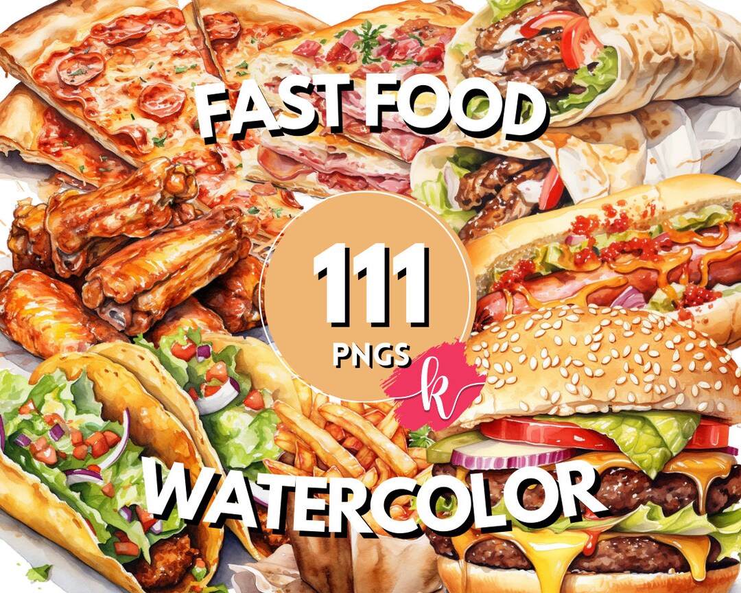 Fast Food Watercolor Clipart Bundle, Fast Food Clipart, Fast Food PNG ...