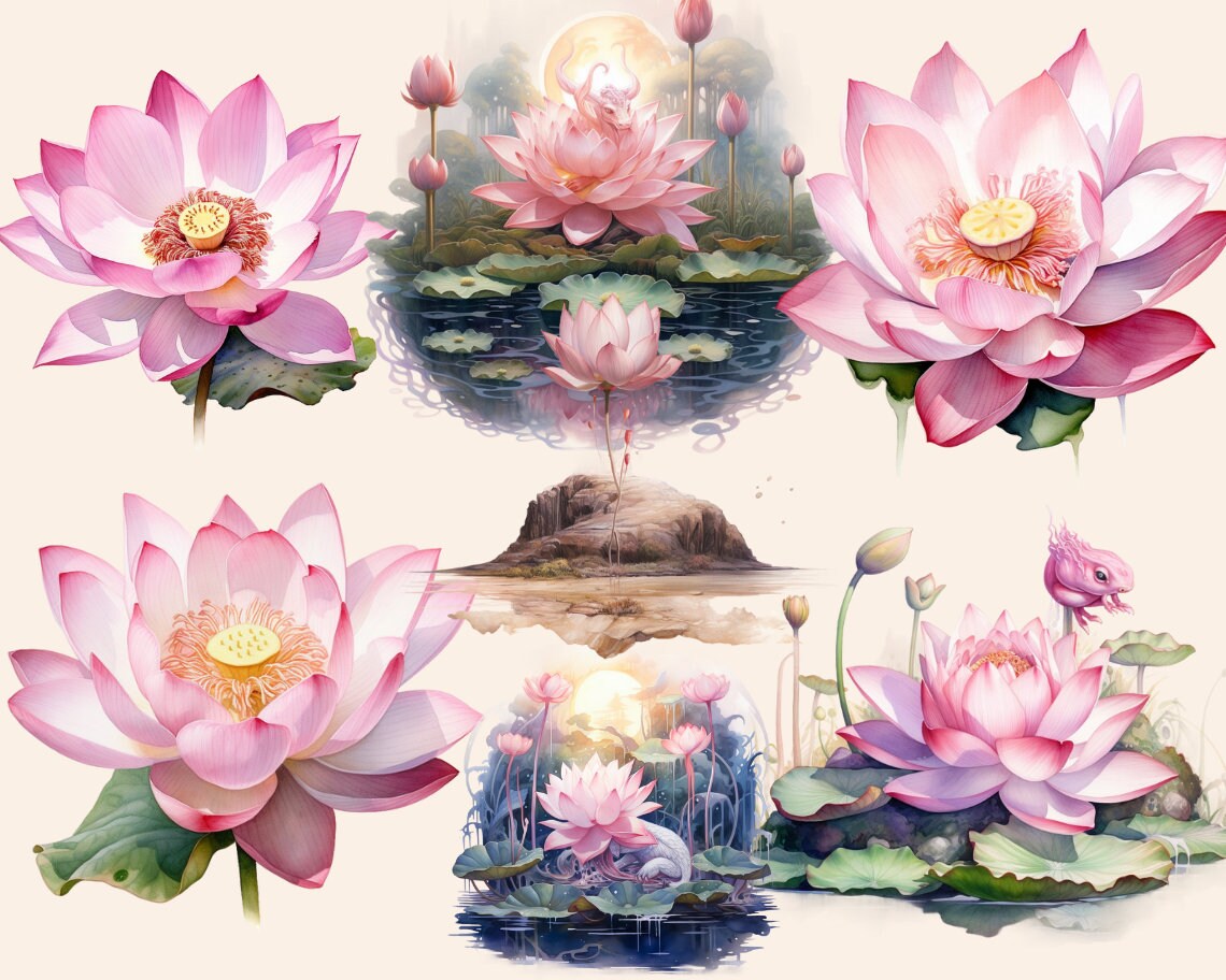 Lotus Flowers Watercolor Clipart Bundle 57 PNG Flower Images - Etsy