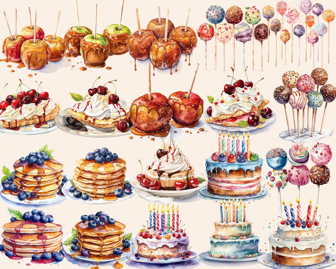 Sweet Treats Watercolor Clipart Bundle, Sweet Desserts, Cupcakes ...