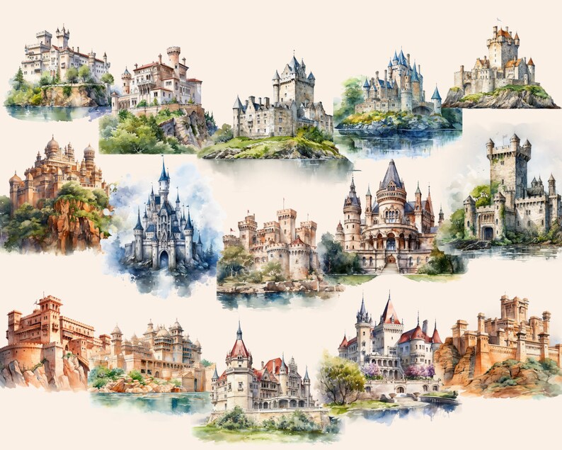 Castles Watercolor Clipart Castle Scenery Landscapes - Etsy