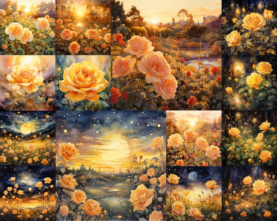 Golden Rose Garden Digital Paper Rose Clipart Watercolor - Etsy