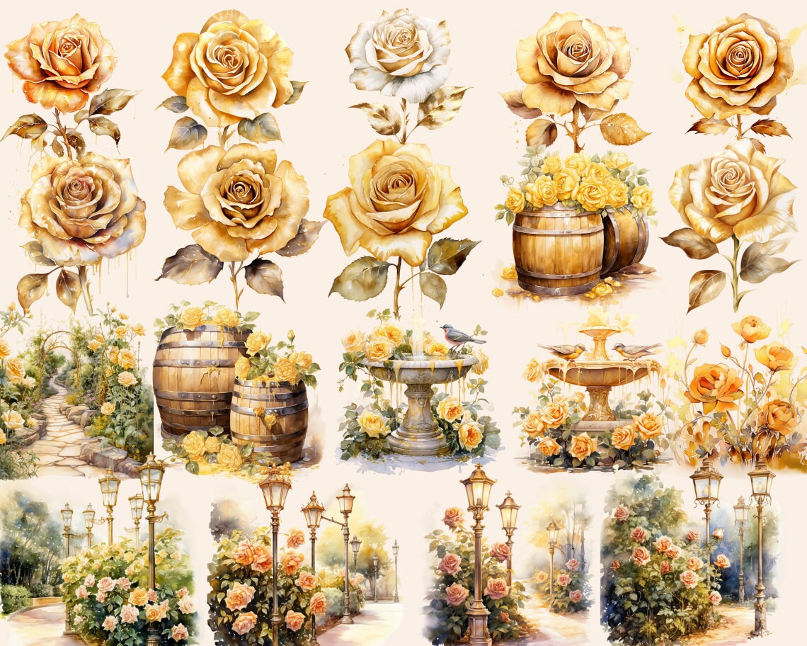 Golden Roses Watercolor Clipart Bundle Gold Images Beautiful - Etsy