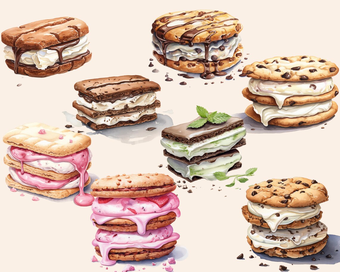 Ice Cream Sandwich Watercolor Clipart Bundle, Sweet Clipart, Dessert ...