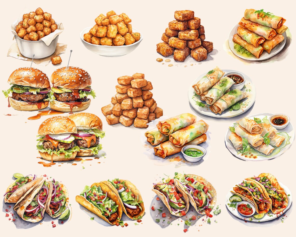 Fast Food Watercolor Clipart Bundle, Fast Food Clipart, Fast Food PNG ...