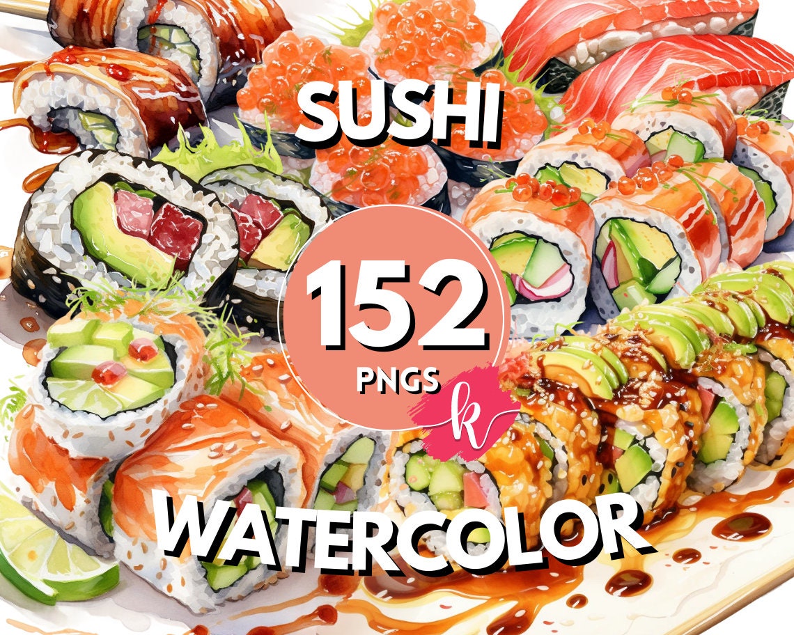 Sushi Watercolor Clipart Delicious Sushi Roll Clipart Sea - Etsy