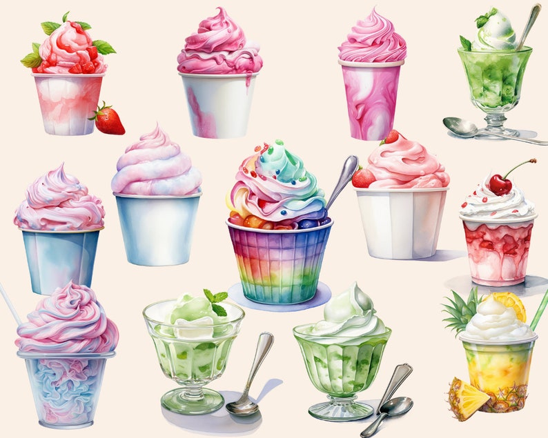Water Ice Cream Watercolor Clipart Bundle, Italian Ice, Flavored ...