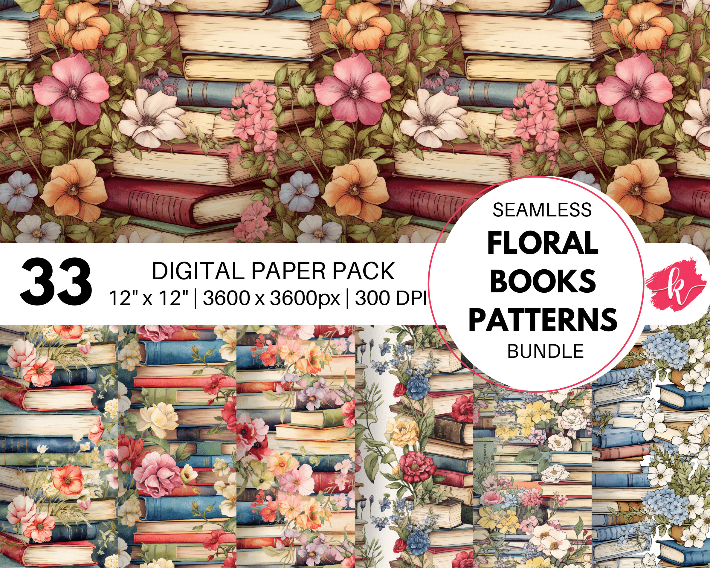 Floral Books Digital Paper, Seamless Pattern, Flower Books, Retro ...