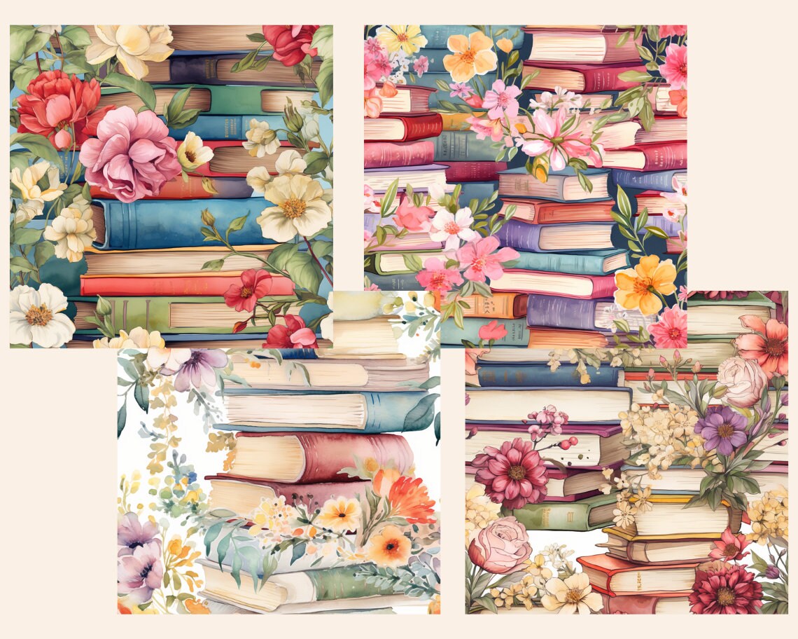 Floral Books Digital Paper, Seamless Pattern, Flower Books, Retro ...