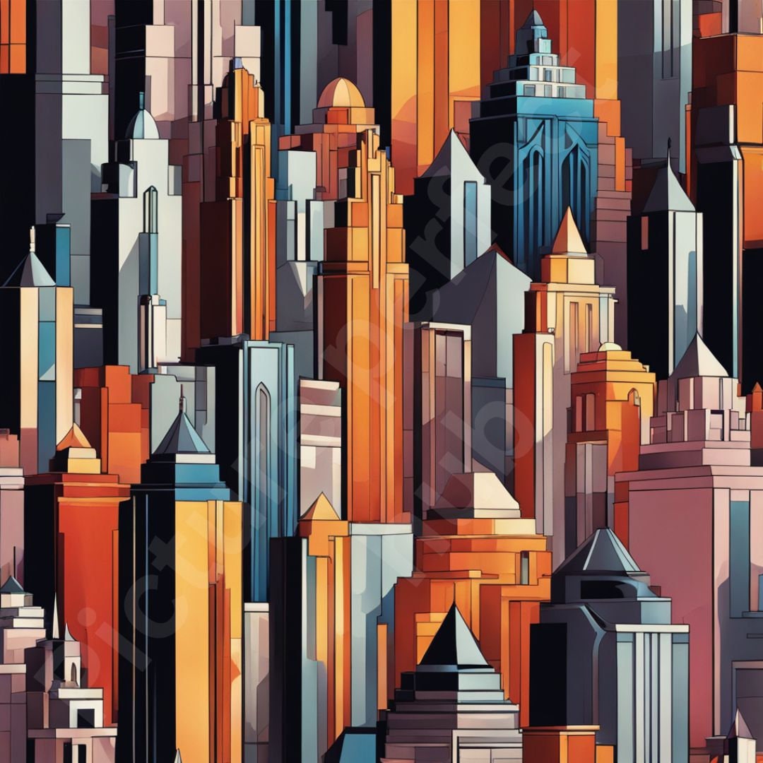 Bold Geometry Art Deco Urban Skyline Digital Illustration Bundle - High ...