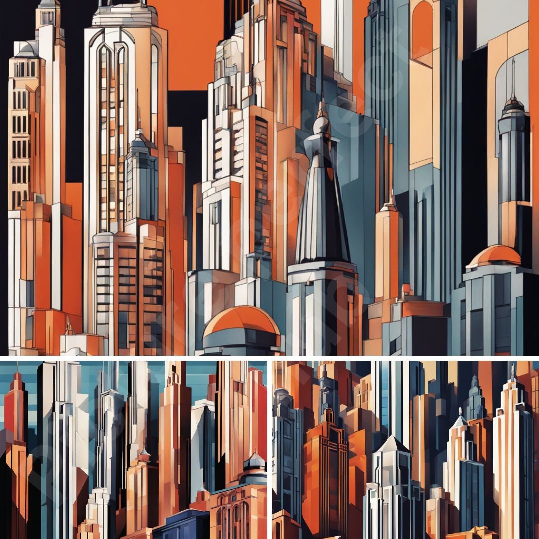 Bold Geometry Art Deco Urban Skyline Digital Illustration Bundle - High ...
