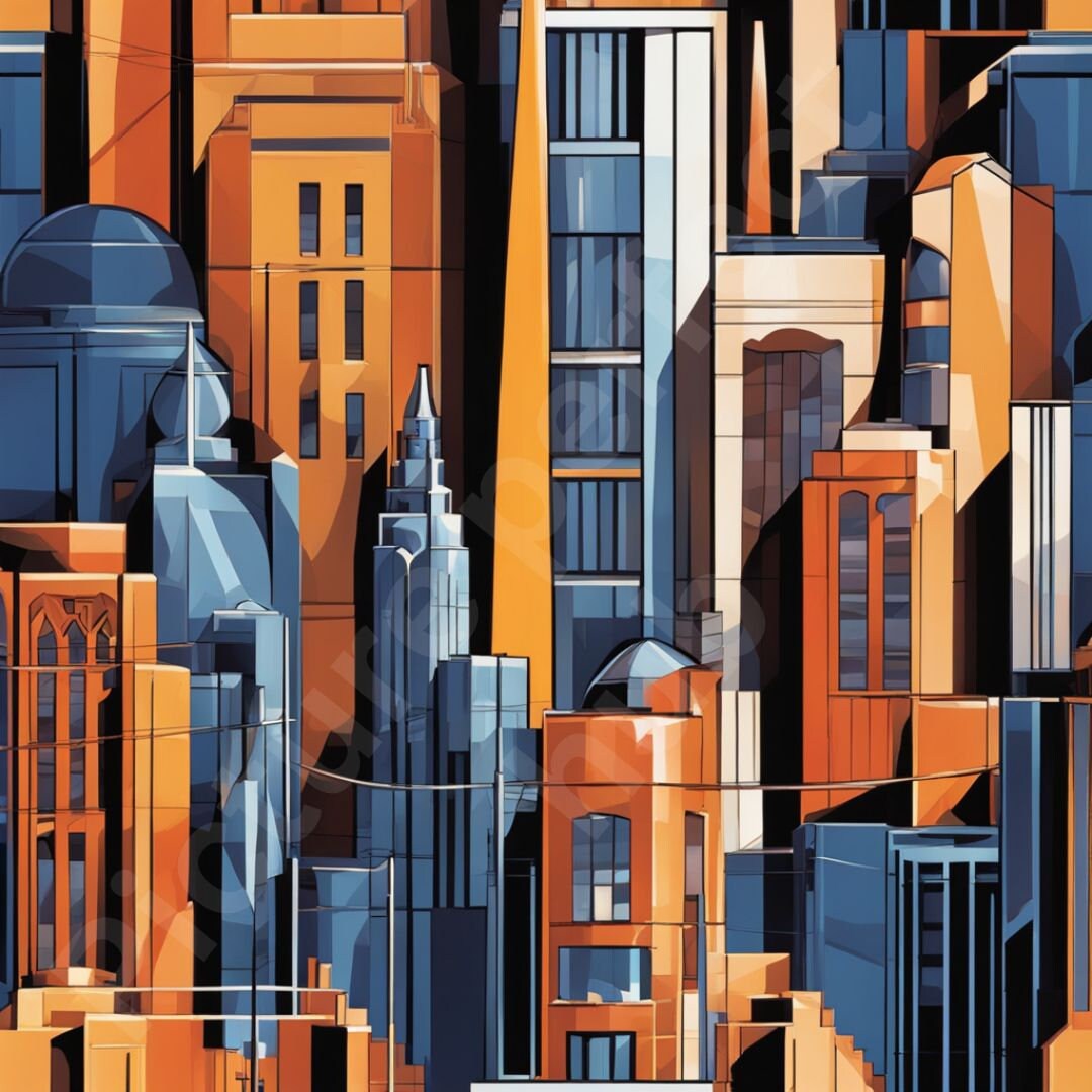 Bold Geometry Art Deco Urban Skyline Digital Illustration Bundle - High ...