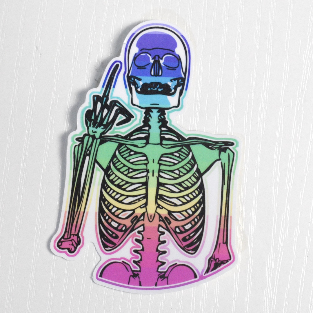 Questionable Gesture Rainbow Skeleton Flip off Sticker - Holographic ...