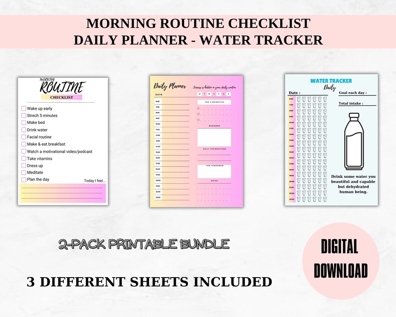 Morning Routine Checklist Water Tracker Daily Planner Printable to Do ...