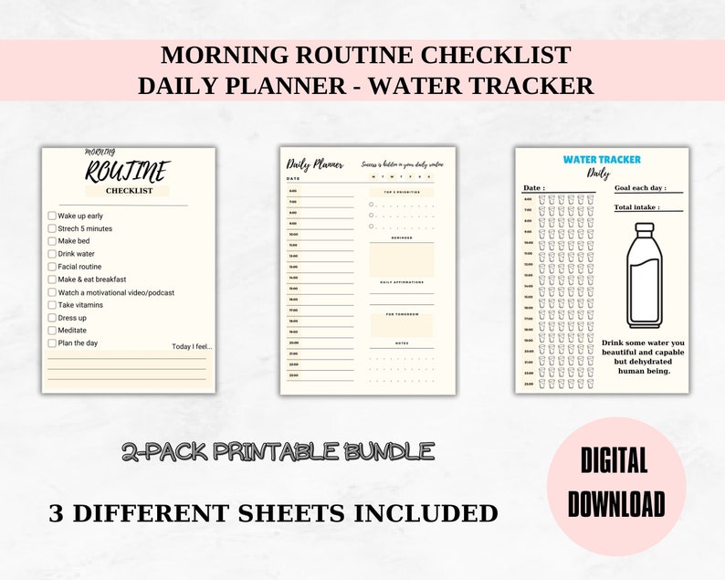 Morning Routine Checklist Water Tracker Daily Planner Printable to Do ...