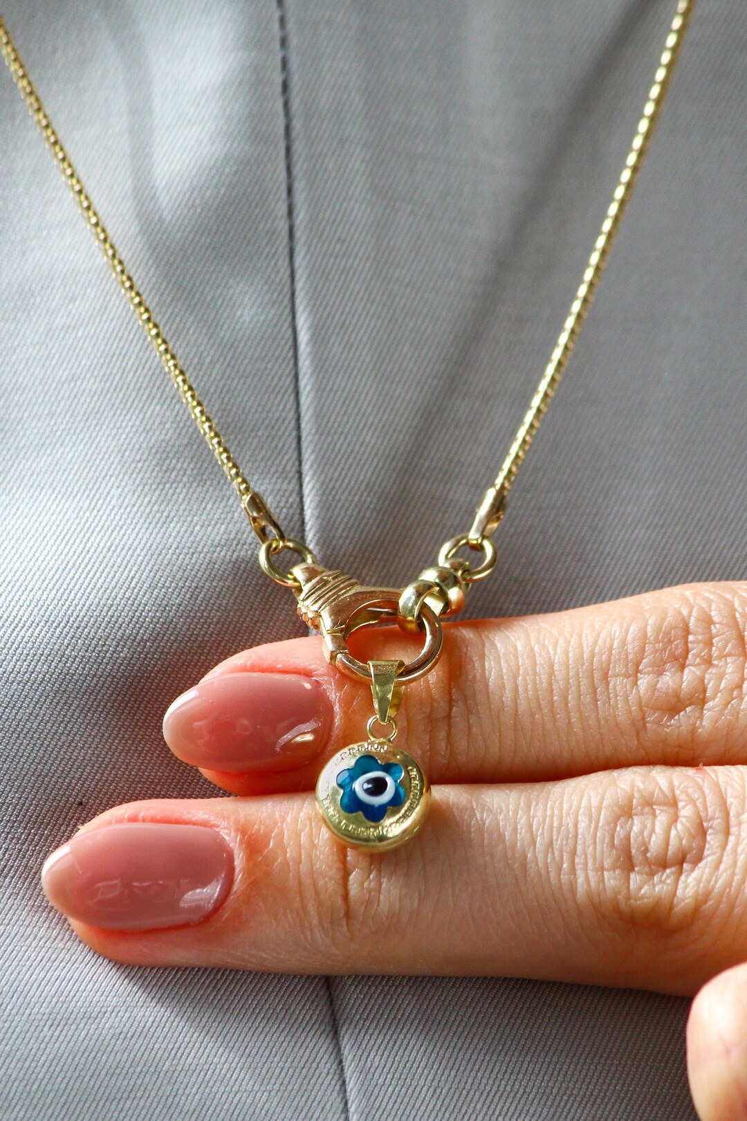 14K Real Gold Puffed Dark Blue Evil Eye Pendant Good Luck Round Charm ...