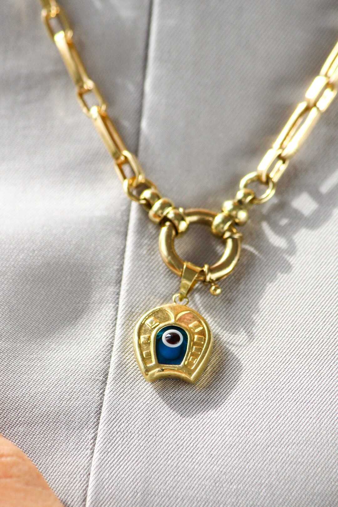 14K Solid Gold Paperclip Necklace - 14K Solid Gold Evil Eye Charm ...