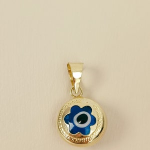 14K Real Gold Puffed Dark Blue Evil Eye Pendant Good Luck Round Charm ...