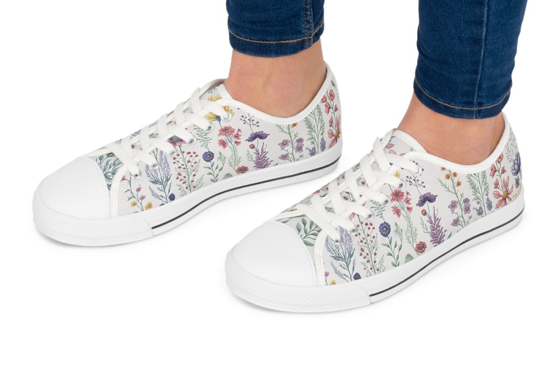 Flower Shoes, Women's Low Top Sneakers, Wildflower Canvas Shoes, Floral ...