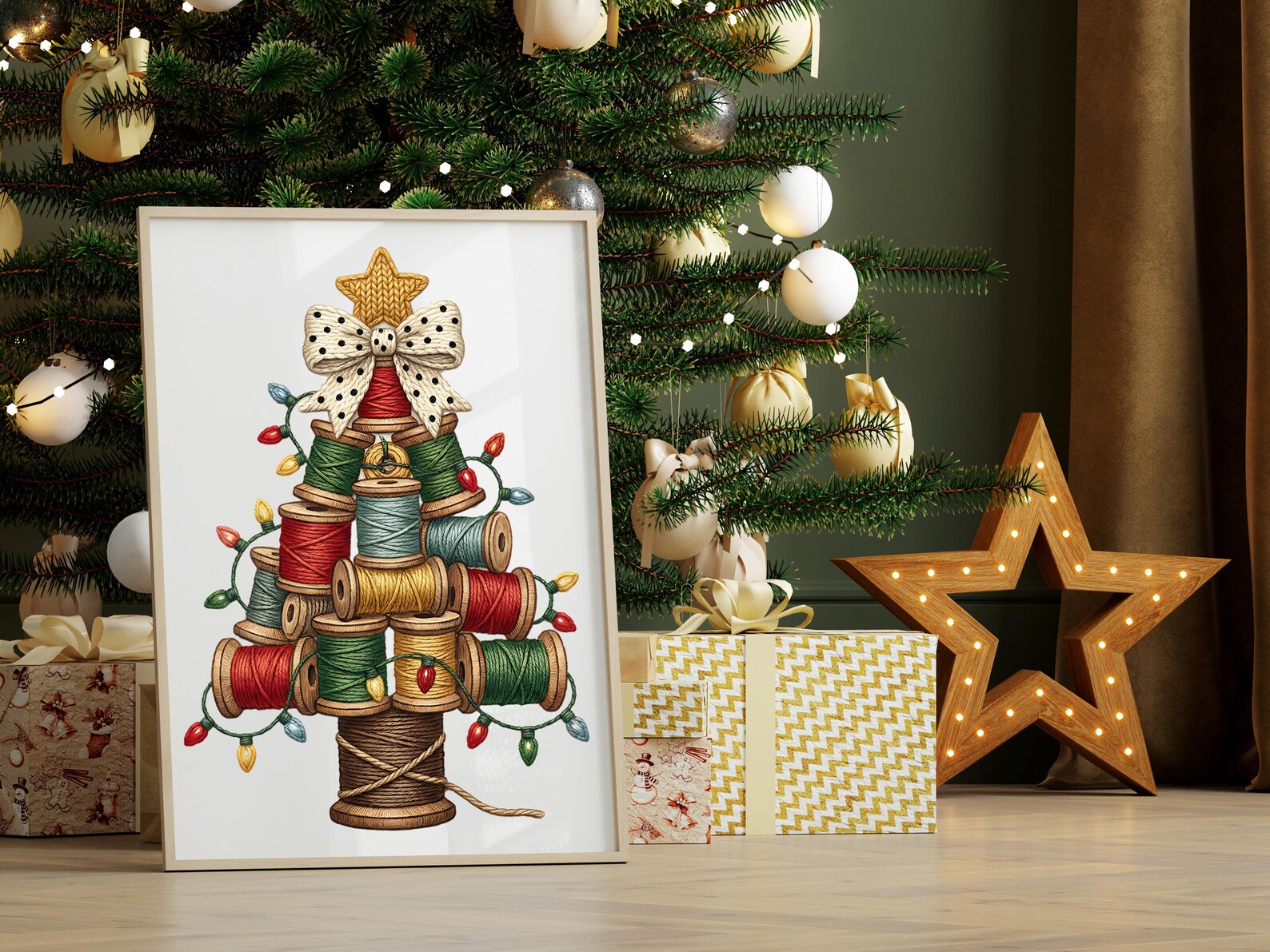 Sewing Christmas Tree PNG, Vintage Thread Spool Faux Embroidery ...