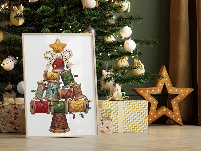 Sewing Christmas Tree PNG, Vintage Thread Spool Faux Embroidery ...