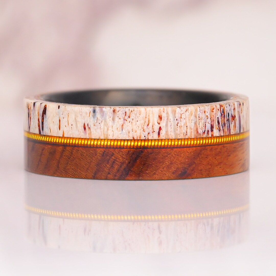 Deer Antler & Guitar String Ring, Tungsten Wedding Band, Engraved Black ...