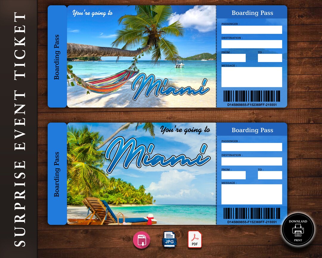 MIAMI Surprise Trip Gift Ticket. Boarding Pass. Trip Ticket. Vacation ...