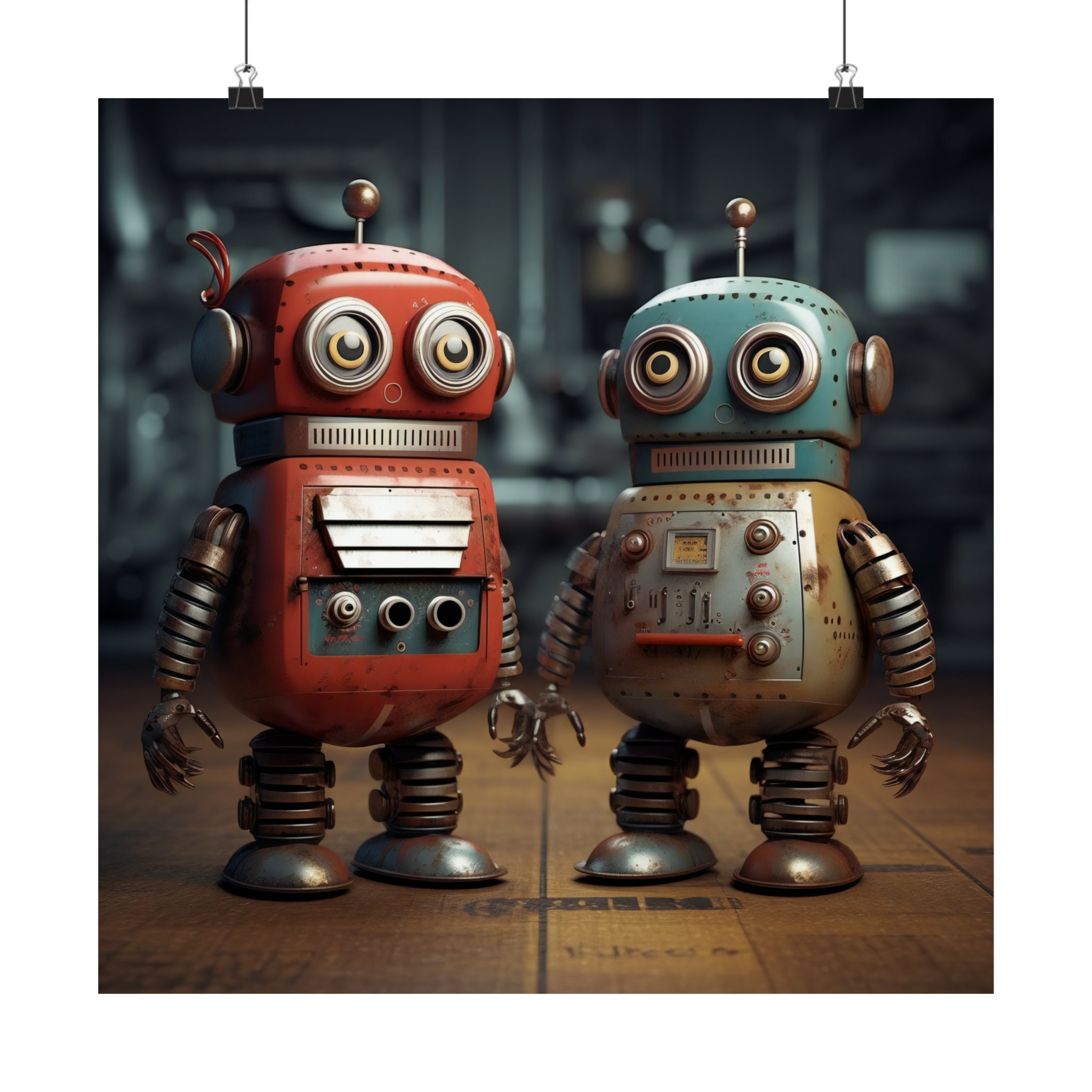 Steampunk Companions: A Whimsical Robo-duo in Vintage Glow Matte Poster ...