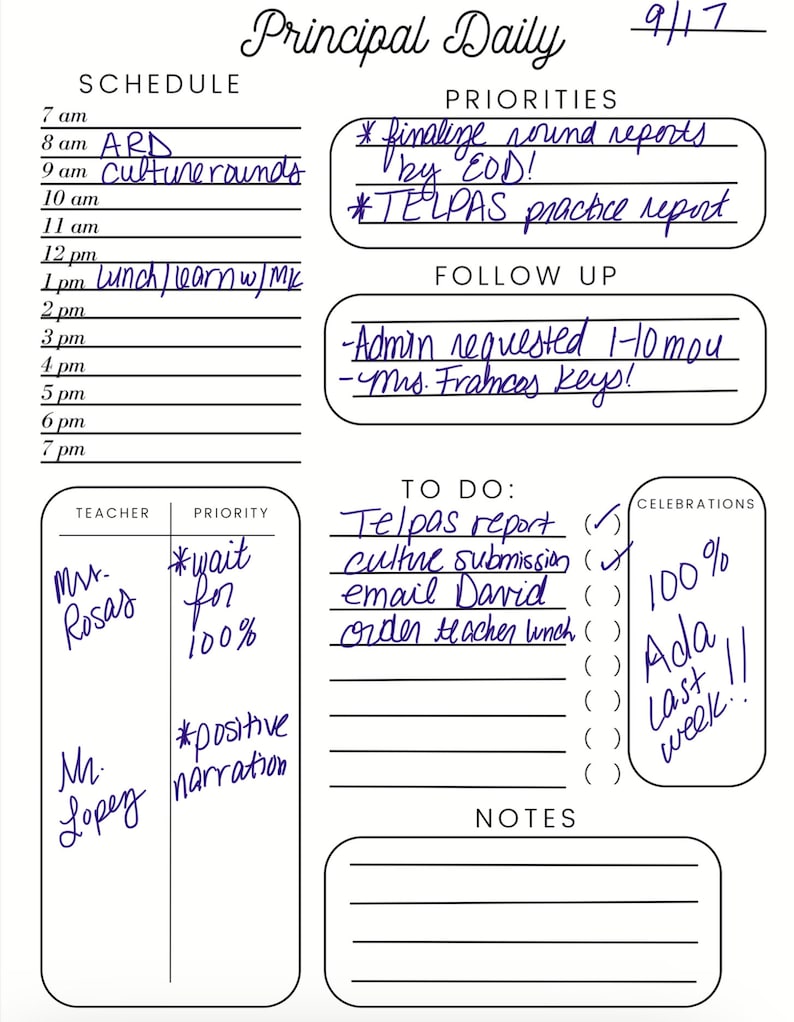 School Principal Daily Planning Sheet (printable) - Etsy