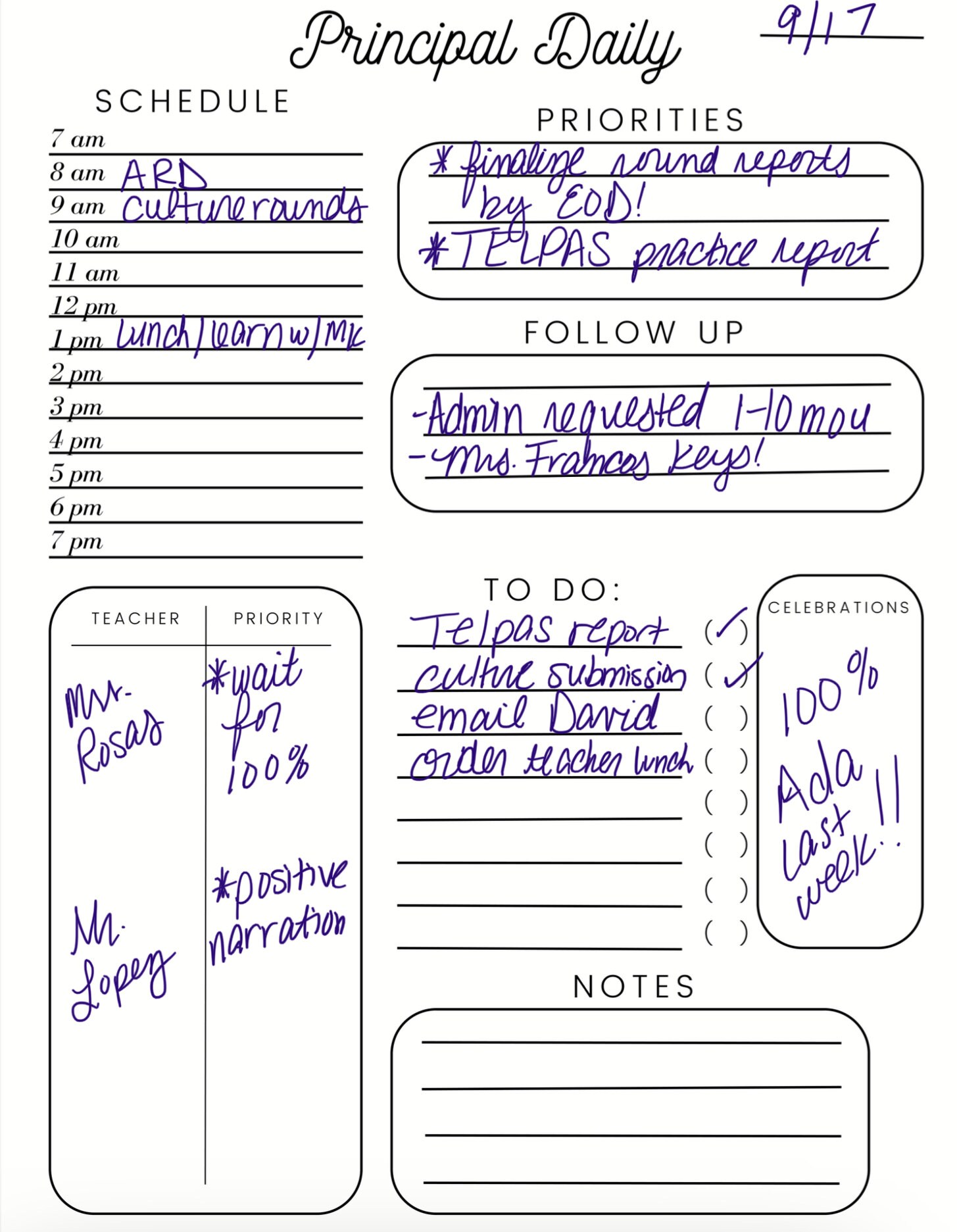 School Principal Daily Planning Sheet (printable) - Etsy