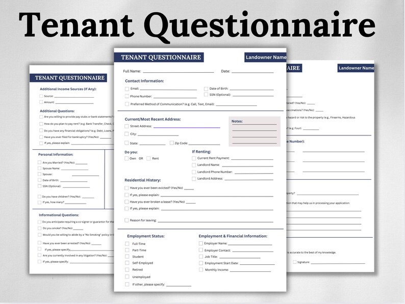 Tenant Questionnaire: 3-page Rental Application (print Ready PDF) - Etsy