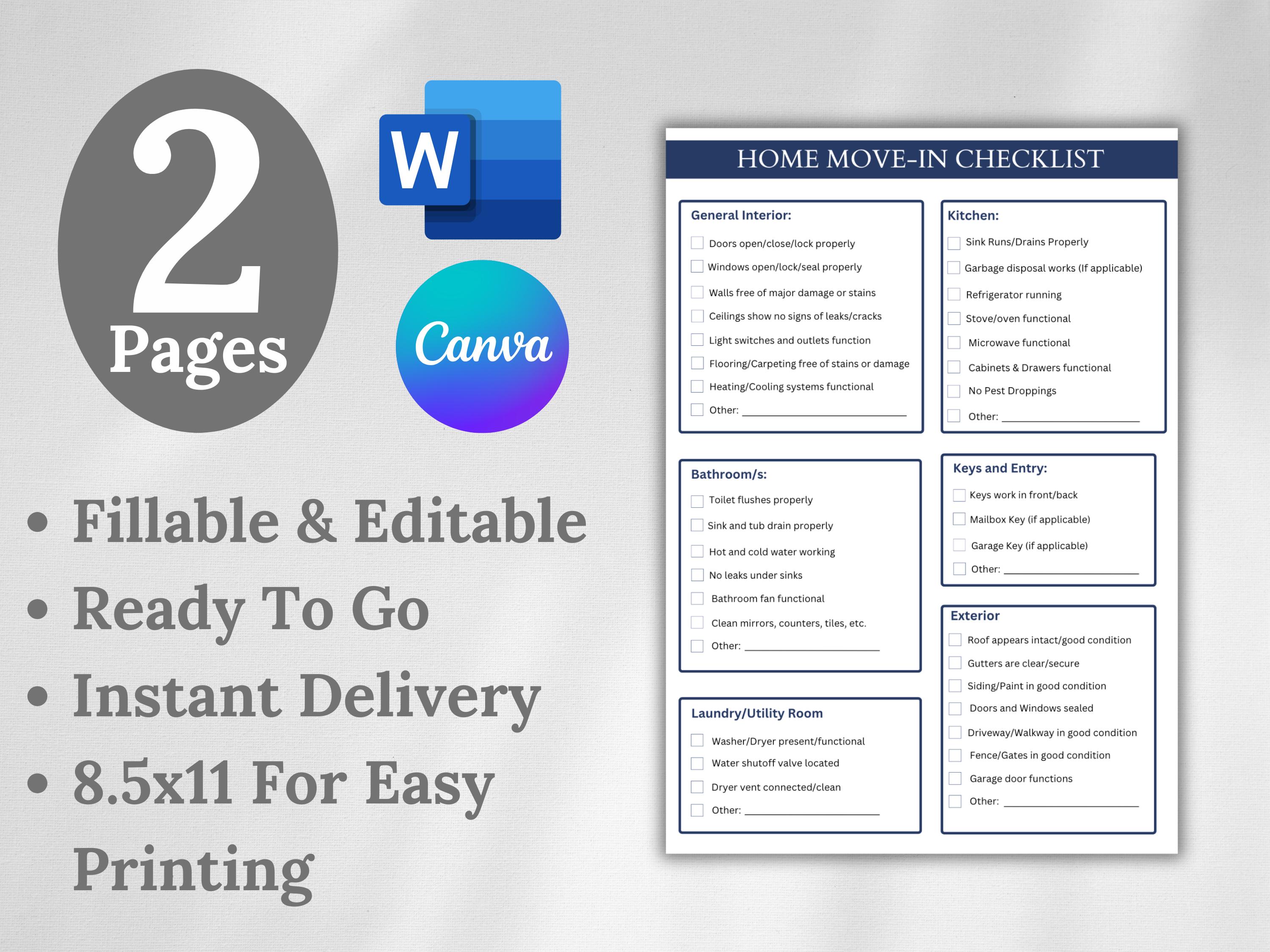 Home Inspection Checklist Printable: Move-in Walkthrough Form (PDF Template) - Etsy