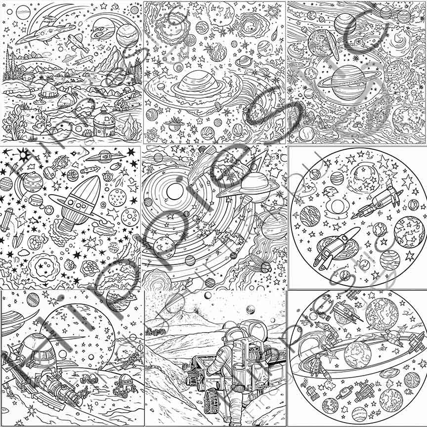 30 Coloring Book Pages, Space Scenes, 14x14 Inches, Ready to Print. for ...