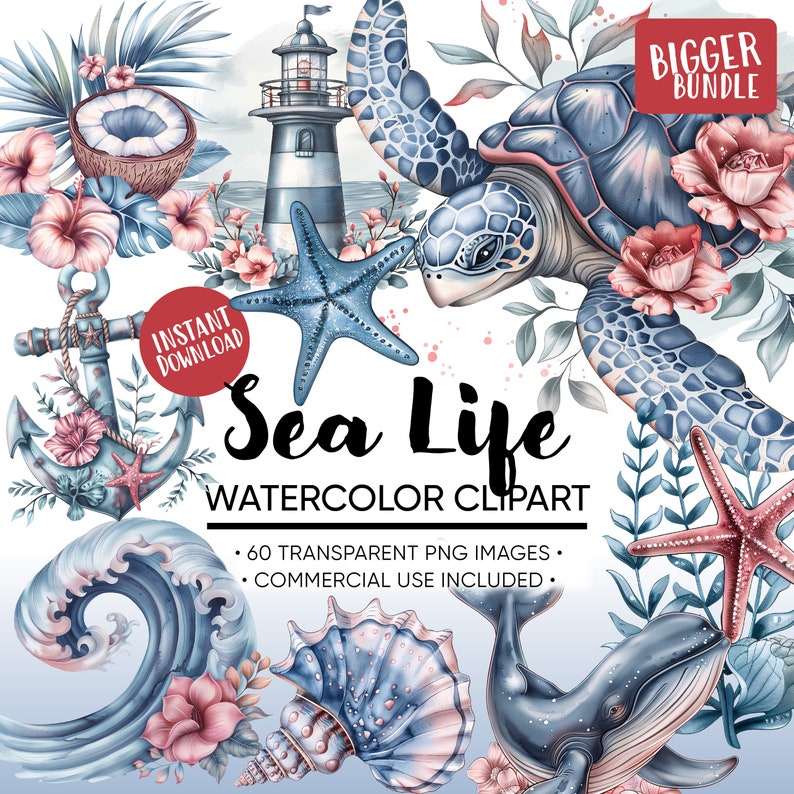 Watercolor Beach Clipart Set, Transparent Background, Whale Clipart ...