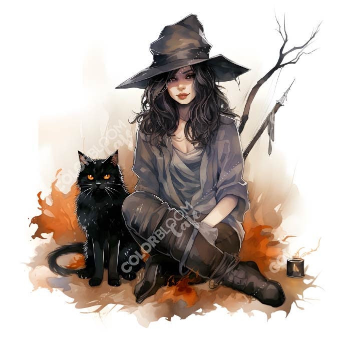 Witch Clipart Modern Witch and Cat Black Cat Clipart - Etsy