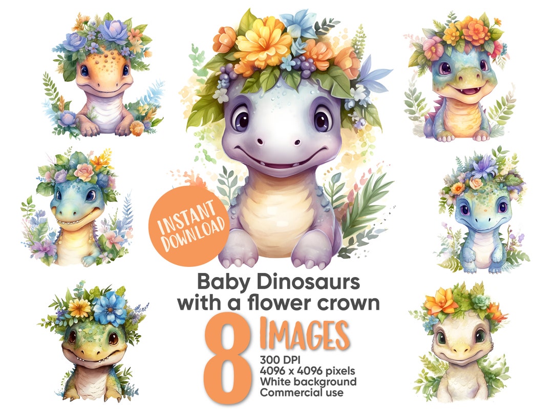 Baby Dinosaur With Wildflower Crown Watercolor Floral Clipart Spring ...