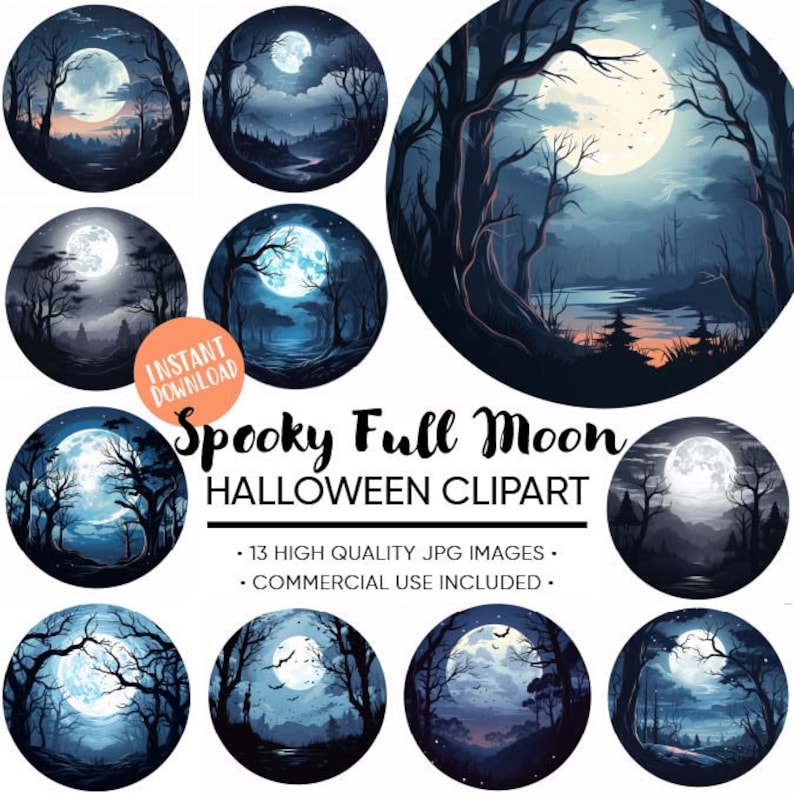 Spooky Full Moon Clipart, Halloween Decor, Glowing Moon, Watercolor ...