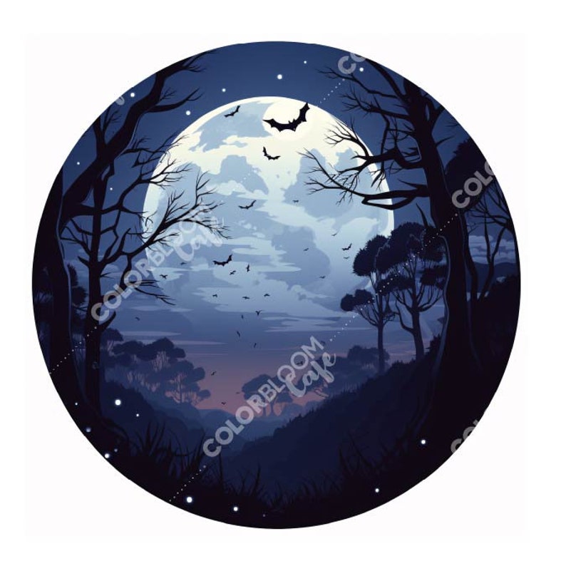 Spooky Full Moon Clipart, Halloween Decor, Glowing Moon, Watercolor ...