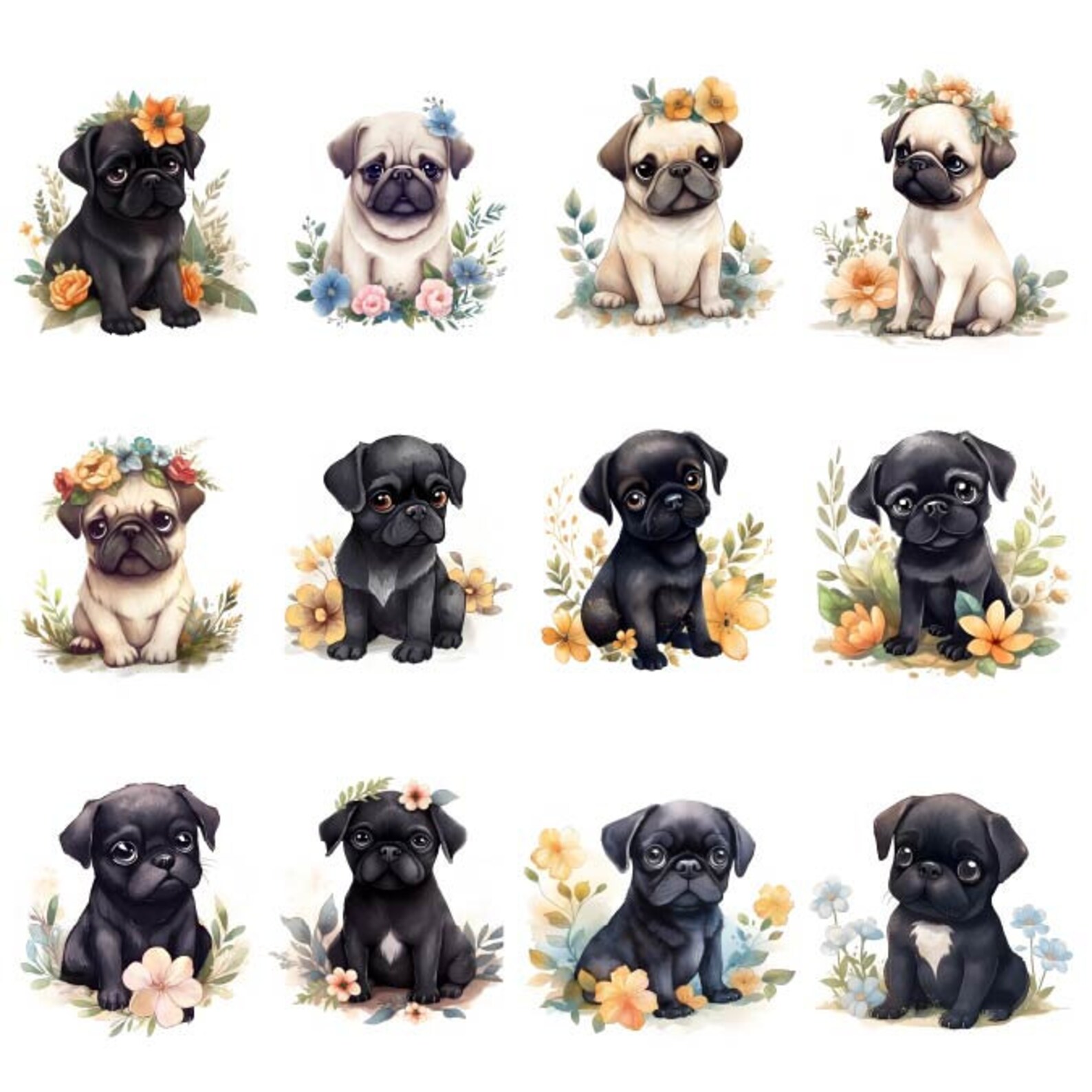 Pug Clipart Puppies With Flowers Black Pug Fawn Cute Dog Illustrations ...