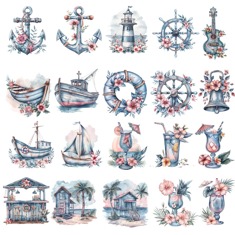 Watercolor Beach Clipart Set, Transparent Background, Whale Clipart ...