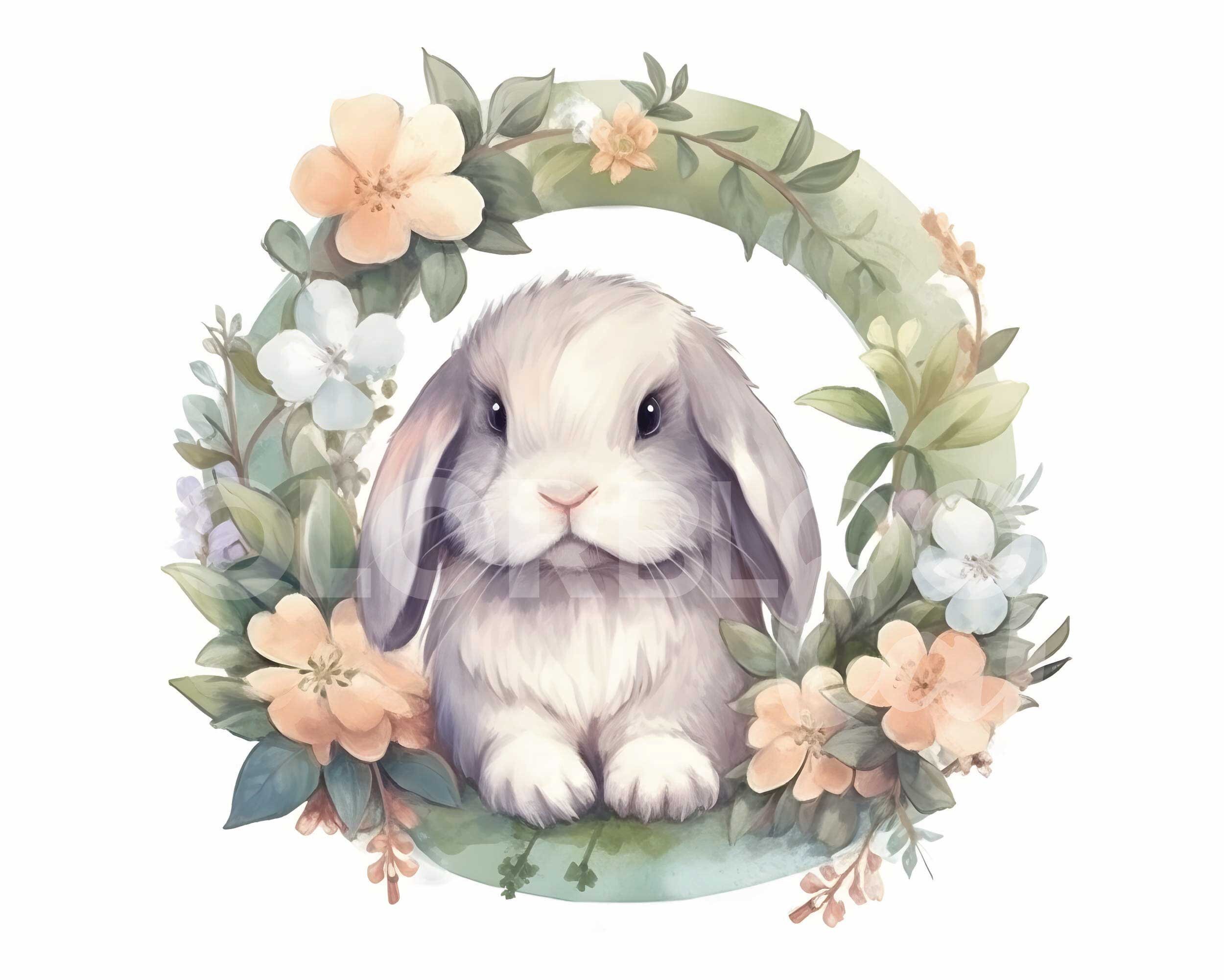 Lop Rabbit Clipart Watercolor Baby Bunny With Flowers High Quality JPG ...