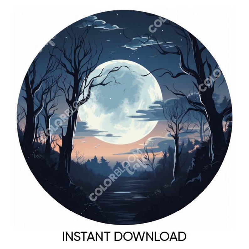 Spooky Full Moon Clipart, Halloween Decor, Glowing Moon, Watercolor ...