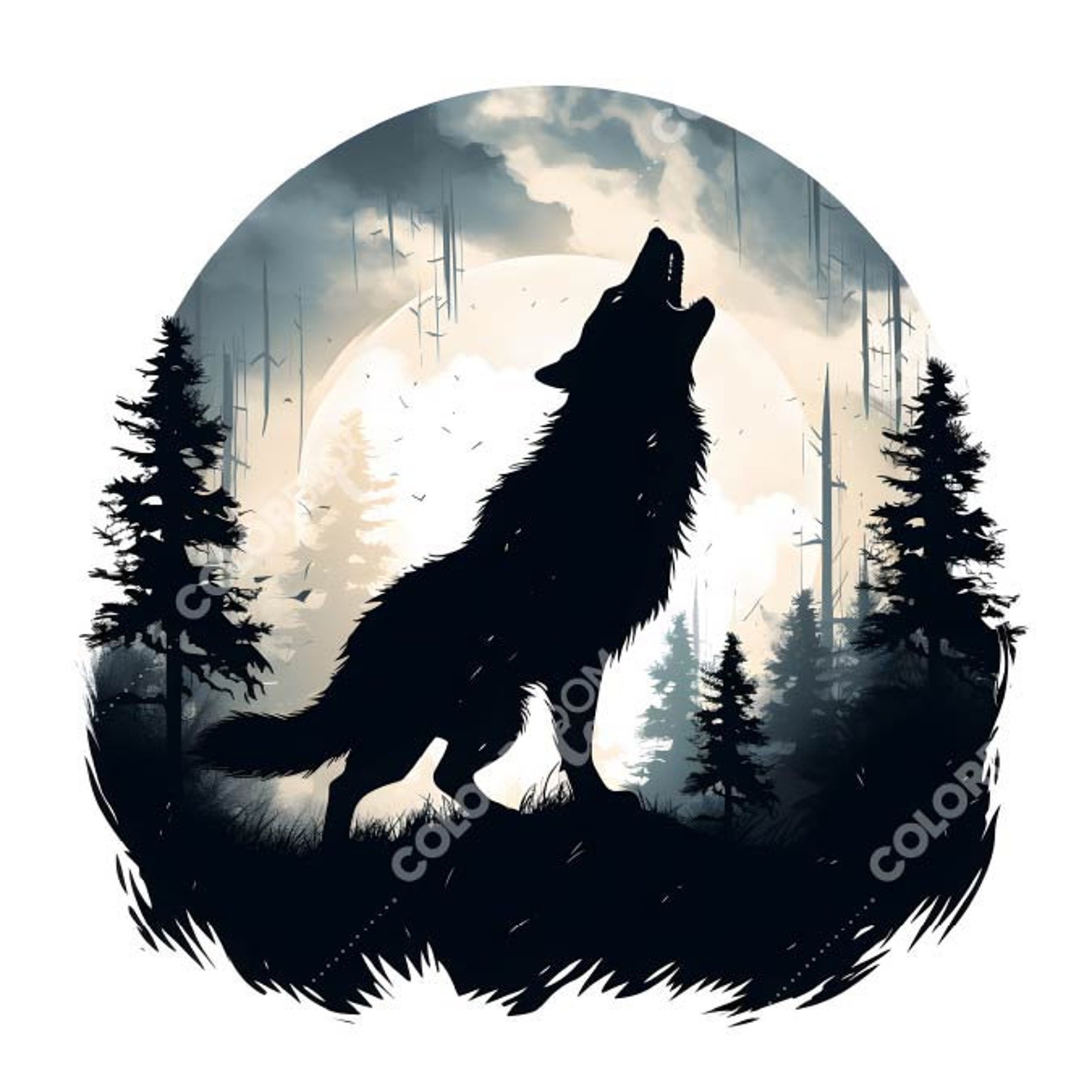 Howling Wolf Art, Halloween Clipart, Wolf Howling Moon, Glowing Moon ...