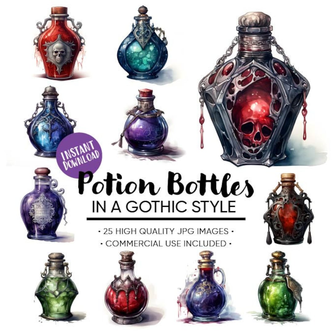 Vintage Potion Bottles Clipart, Witch Potion Bottles, Gothic Clipart ...