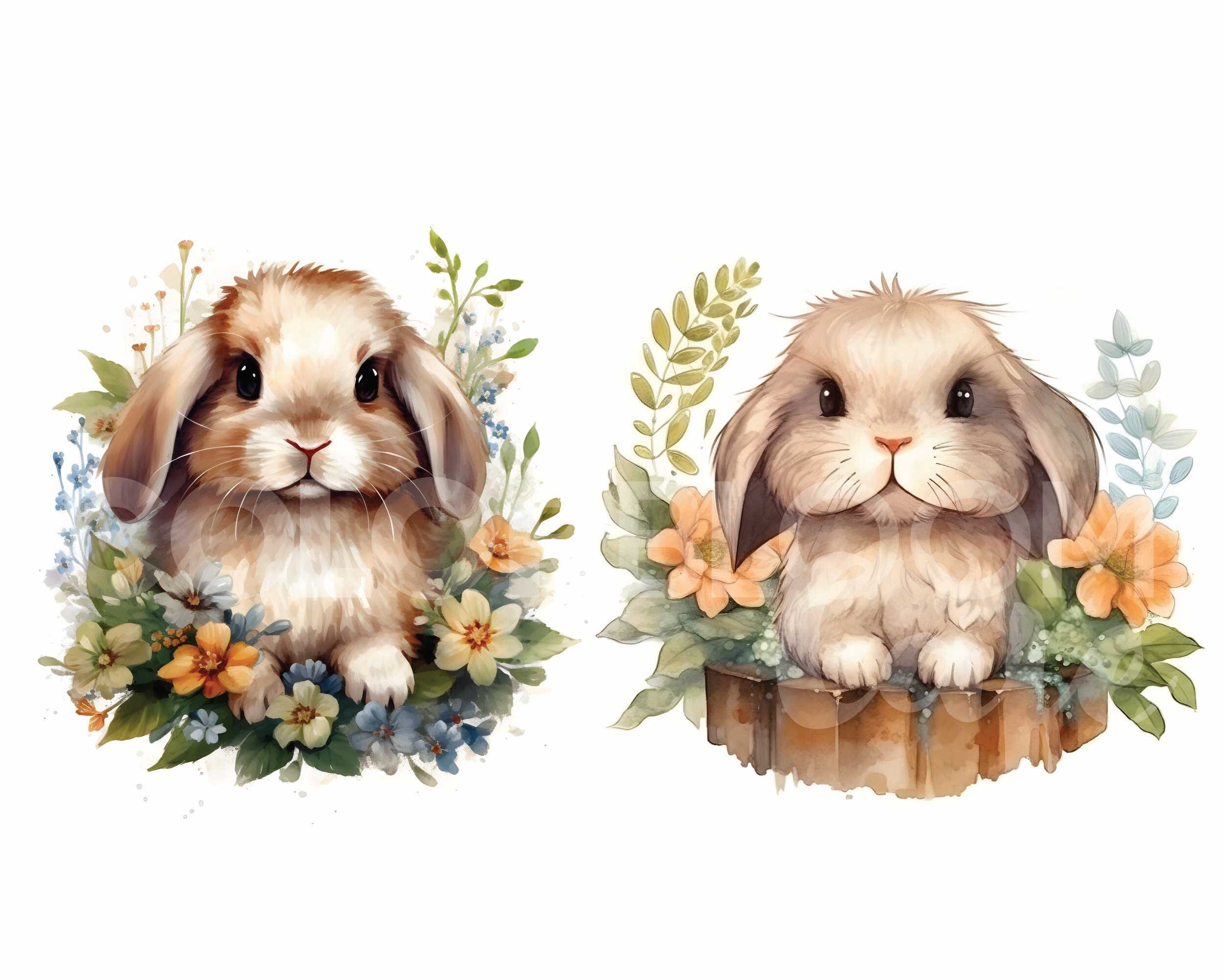 Lop Rabbit Clipart Watercolor Baby Bunny With Flowers High Quality JPG ...